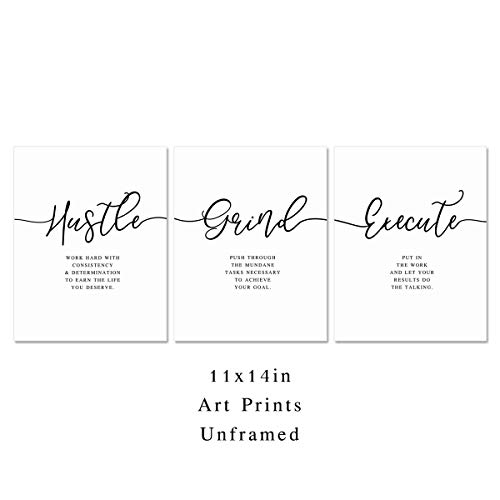 Hustle Grind Inspirational Quotes Minimalist Office Decor Wall Art For Girl Boss Motivational Prints Entrepreneur Gift, Set of 3 Prints, 11x14inch Unframed