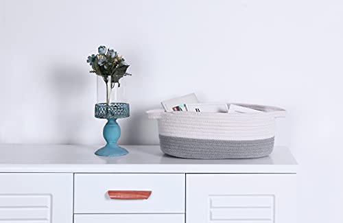 ZFRXZ 2-Pack Small Woven Basket | Cute Gray Rope Basket | Oval Basket | Shelf Storage Basket | Chest Box| Empty Gift Baskets with Handles, 14"x 9.8" x 5" Cube Bins Organizer(White-Gray)