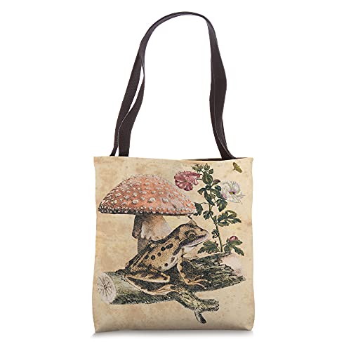 Frog Under Toadstool & Vintage Flowers Cottagecore Aesthetic Tote Bag