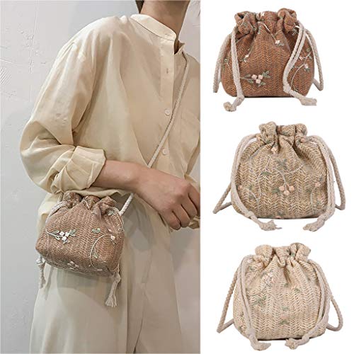justHIGH's Backpacks Women Straw Crossbody Shoulder Bag Drawstring Bucket Summer Beach Bag Crochet Knit Purse (White -1)
