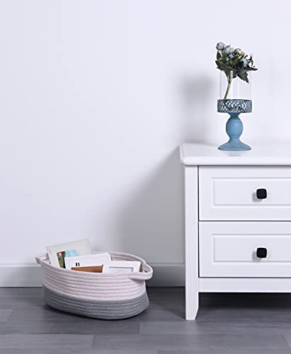 ZFRXZ 2-Pack Small Woven Basket | Cute Gray Rope Basket | Oval Basket | Shelf Storage Basket | Chest Box| Empty Gift Baskets with Handles, 14"x 9.8" x 5" Cube Bins Organizer(White-Gray)
