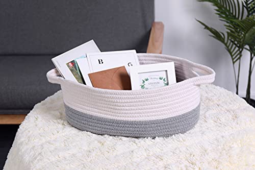 ZFRXZ 2-Pack Small Woven Basket | Cute Gray Rope Basket | Oval Basket | Shelf Storage Basket | Chest Box| Empty Gift Baskets with Handles, 14"x 9.8" x 5" Cube Bins Organizer(White-Gray)