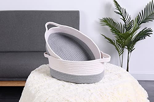 ZFRXZ 2-Pack Small Woven Basket | Cute Gray Rope Basket | Oval Basket | Shelf Storage Basket | Chest Box| Empty Gift Baskets with Handles, 14"x 9.8" x 5" Cube Bins Organizer(White-Gray)