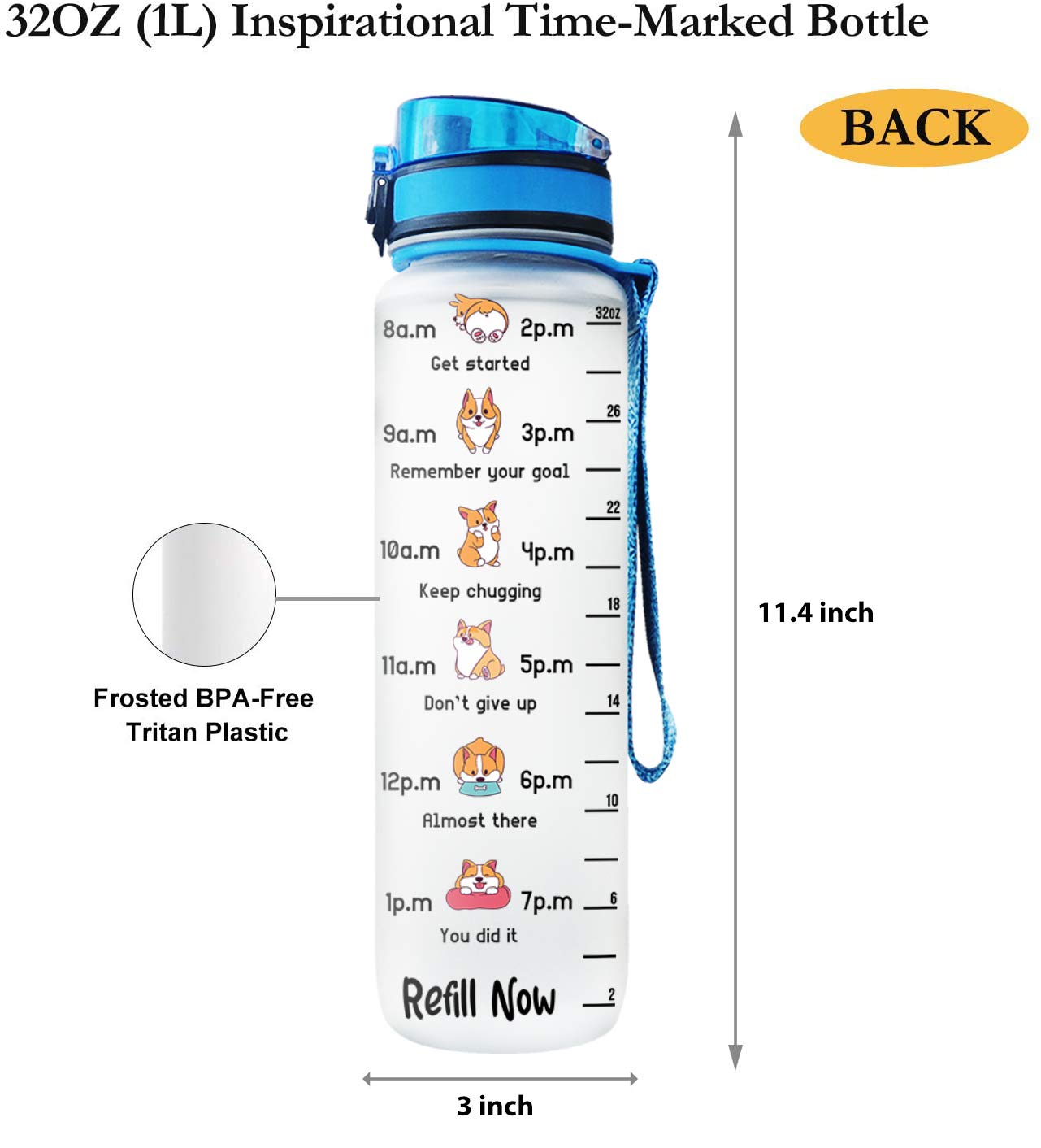 64HYDRO 32oz 1Liter Motivational Water Bottle with Time Marker, Dog Lover Corgi Get Over It Height Doesn't Matter KD2 HAH2805001 Water Bottle