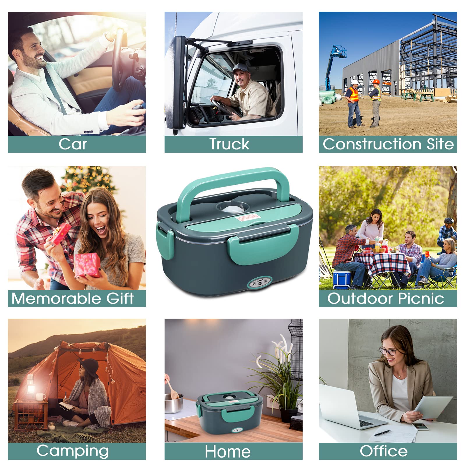 Electric Lunch Box Food Heater, Portable 60W Food Warmer Self Heating Lunch Box, 12V 24V 110V Heated Lunch Box for Car/Truck/Work–Leak Proof, 1.5L Removable 304 SS Container, Fork & Spoon & Carry Bag