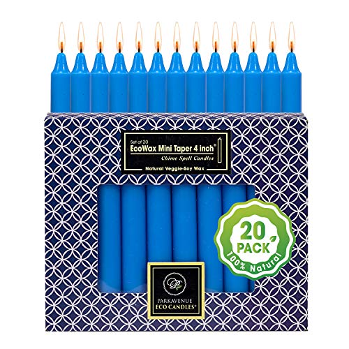 Organic CocoSoy Candles, Set of 20 Blue Mini Tapered Candles, Premium Coconut Soy Wax Botanical Candles, 4 inch Tall Chime Candles for Spell, Prayer, Meditation, Birthdate, Party Candlesā¦