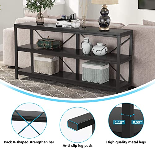 Sofa Table, 3 Tiers Console Table TV Console Narrow Long Sofa Table TV Stand with Storage Shelves for Hallyway, Entryway, Living Room, 55 Inches (Black)