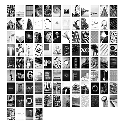 GSM Brands Wall Collage Kit Black and White Aesthetic Pictures Set of 100 4x6 inch Individual Photos for Teen College Dorm Room