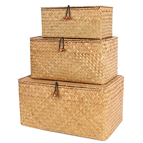 FEILANDUO Shelf Baskets with Lids Set of 3 for Home Decor Seagrass Storage Baskets Wicker Rattan Woven Rectangular Organizer Boxes ((Large) S/M/L, Original)