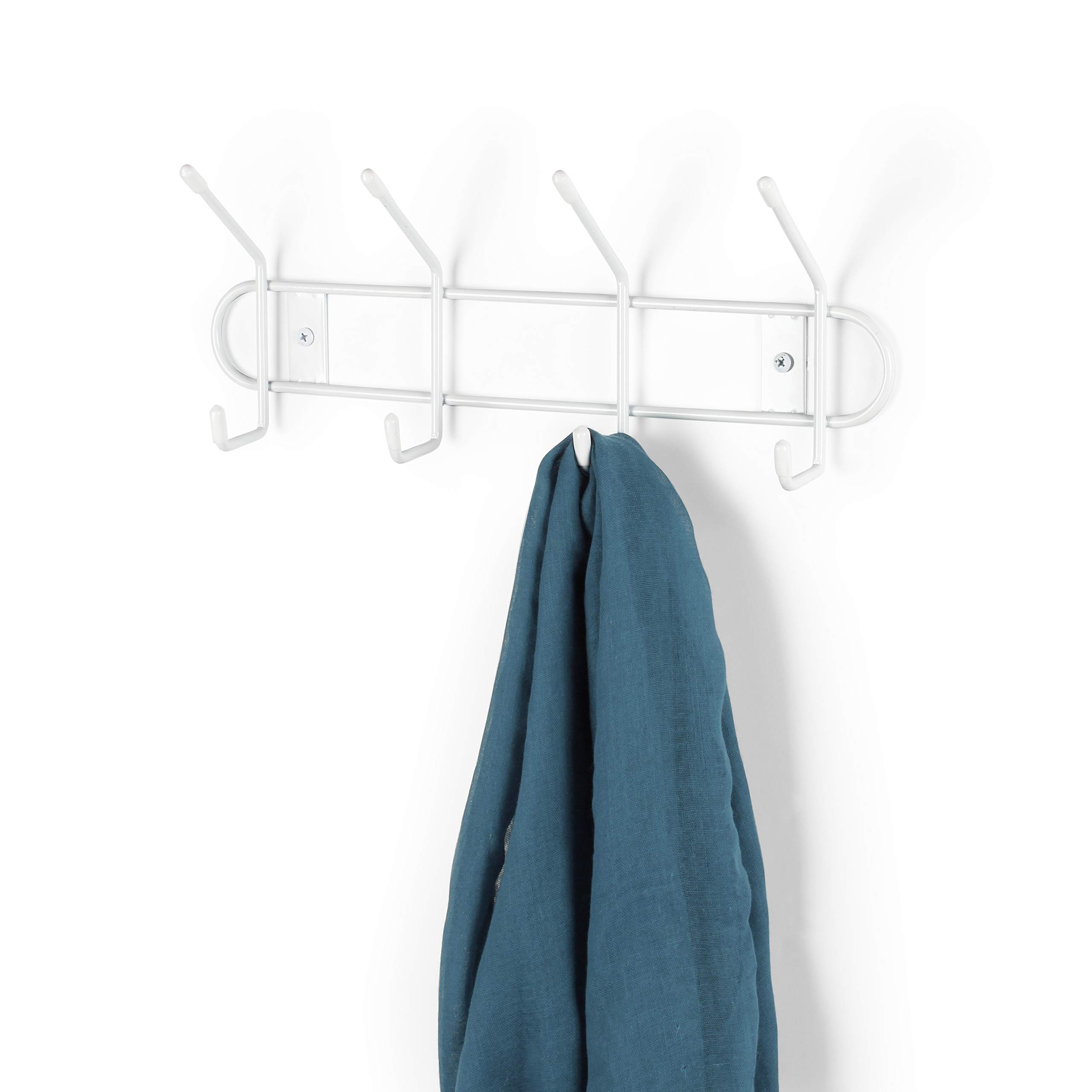Spectrum Diversified 4 Mounted Double Hook, Sturdy Steel Wall Storage, Coat Rack with Rubberized Ends, Closet & Garage Organization, White