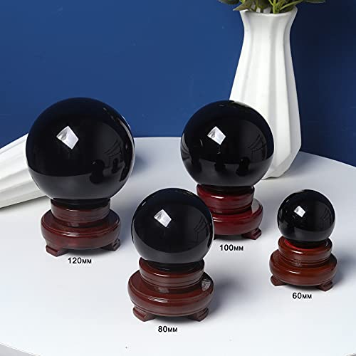 LONGWIN 120mm (4.7 in) Divination Black Crystal Ball Obsidian Healing Crystals Home Decorations Meditation Ornaments with Rotating Wooden Stand