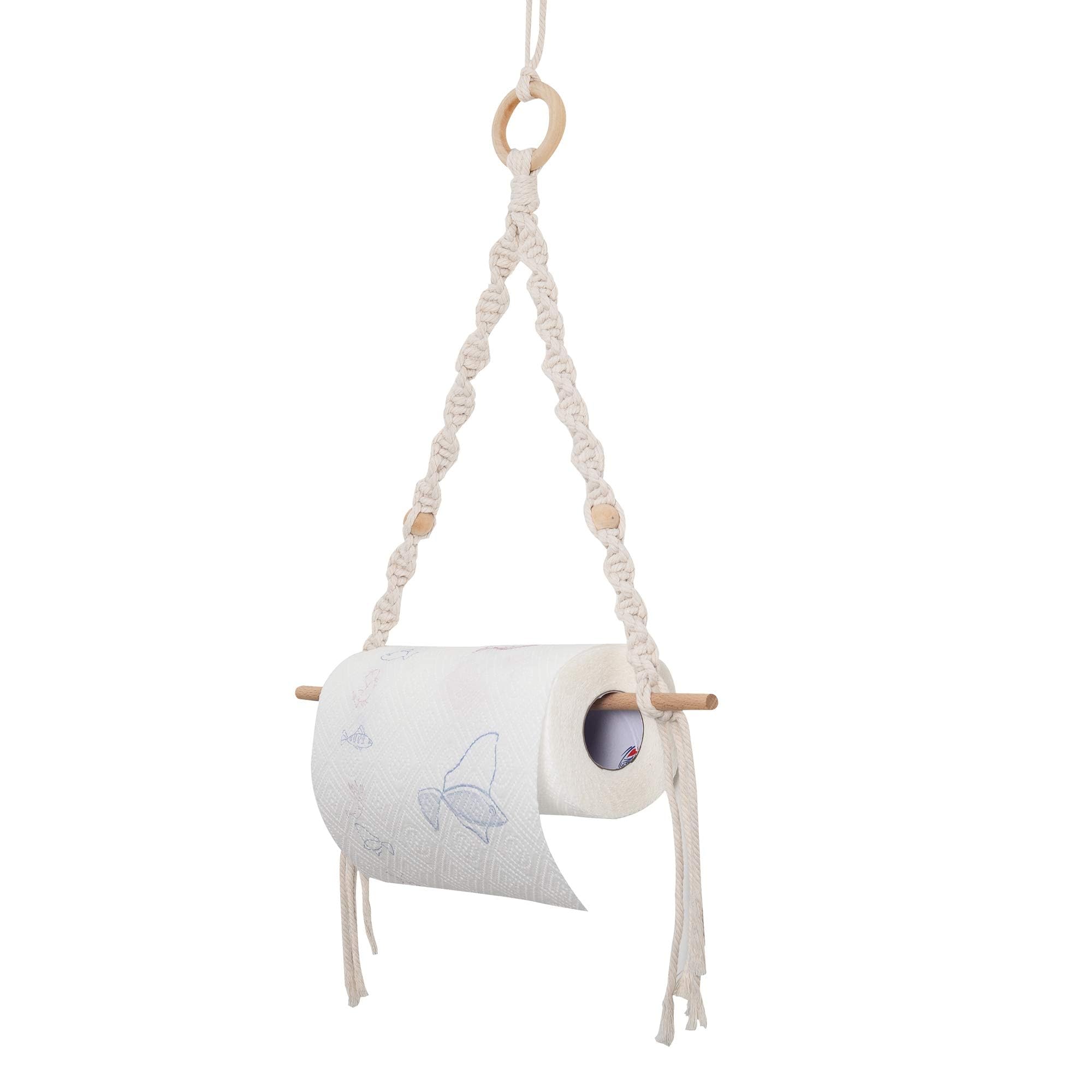 Eiyye Handmade Paper Towel Holder Boho Paper Towel Holder Cotton Rope Macrame Toilet Paper Holder Towel Rack for Bathroom Kitchen