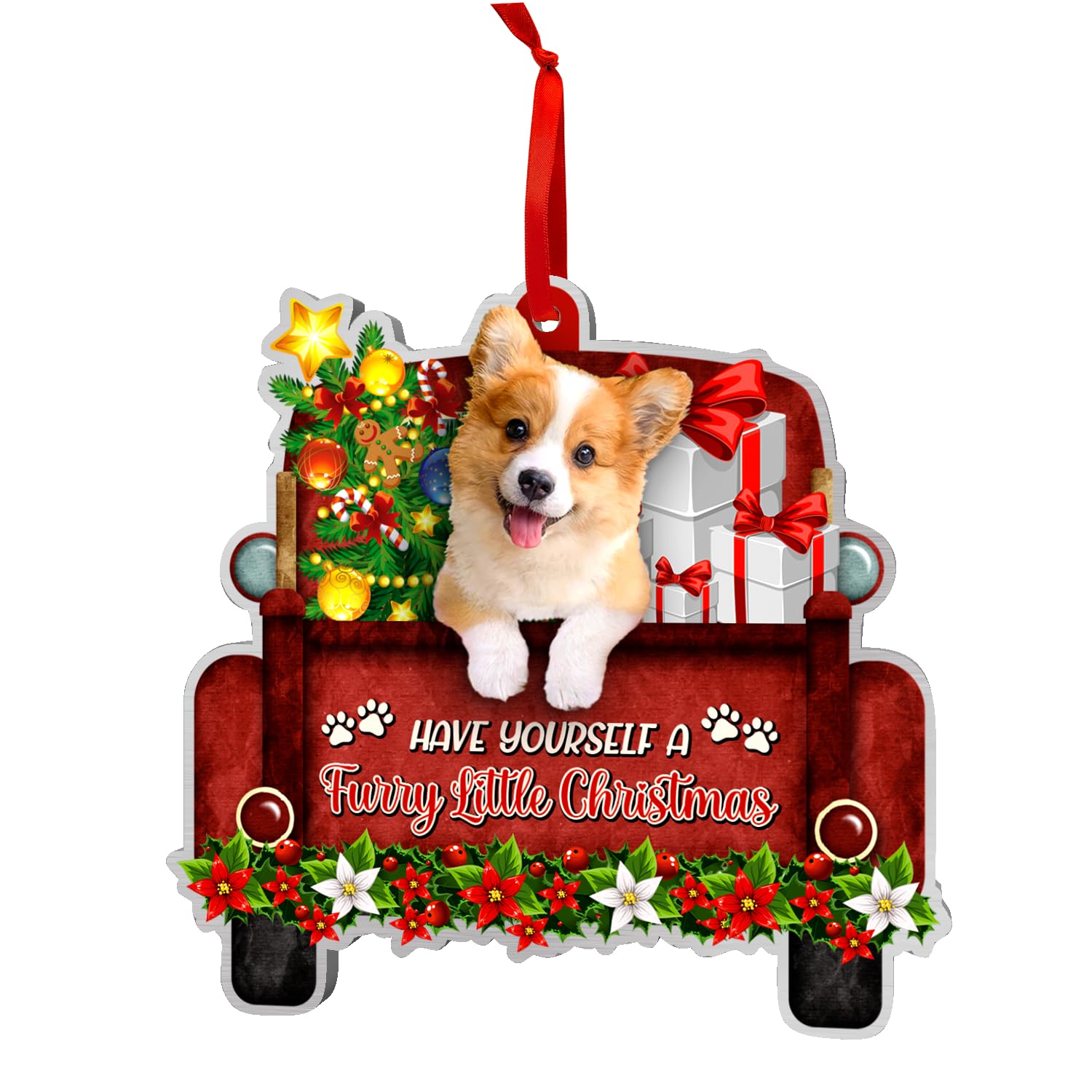 Corgi Dog Ornaments Christmas Tree, Corgi Red Truck Car Aluminum Ornament (NOT 3D), Christmas Decoration 2024 for Corgi Lovers, Dog Mom, Dog Dad, Pet Lovers