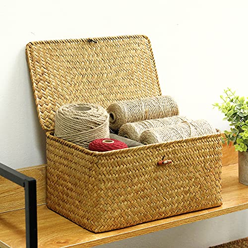 FEILANDUO Shelf Baskets with Lids Set of 3 for Home Decor Seagrass Storage Baskets Wicker Rattan Woven Rectangular Organizer Boxes ((Large) S/M/L, Original)