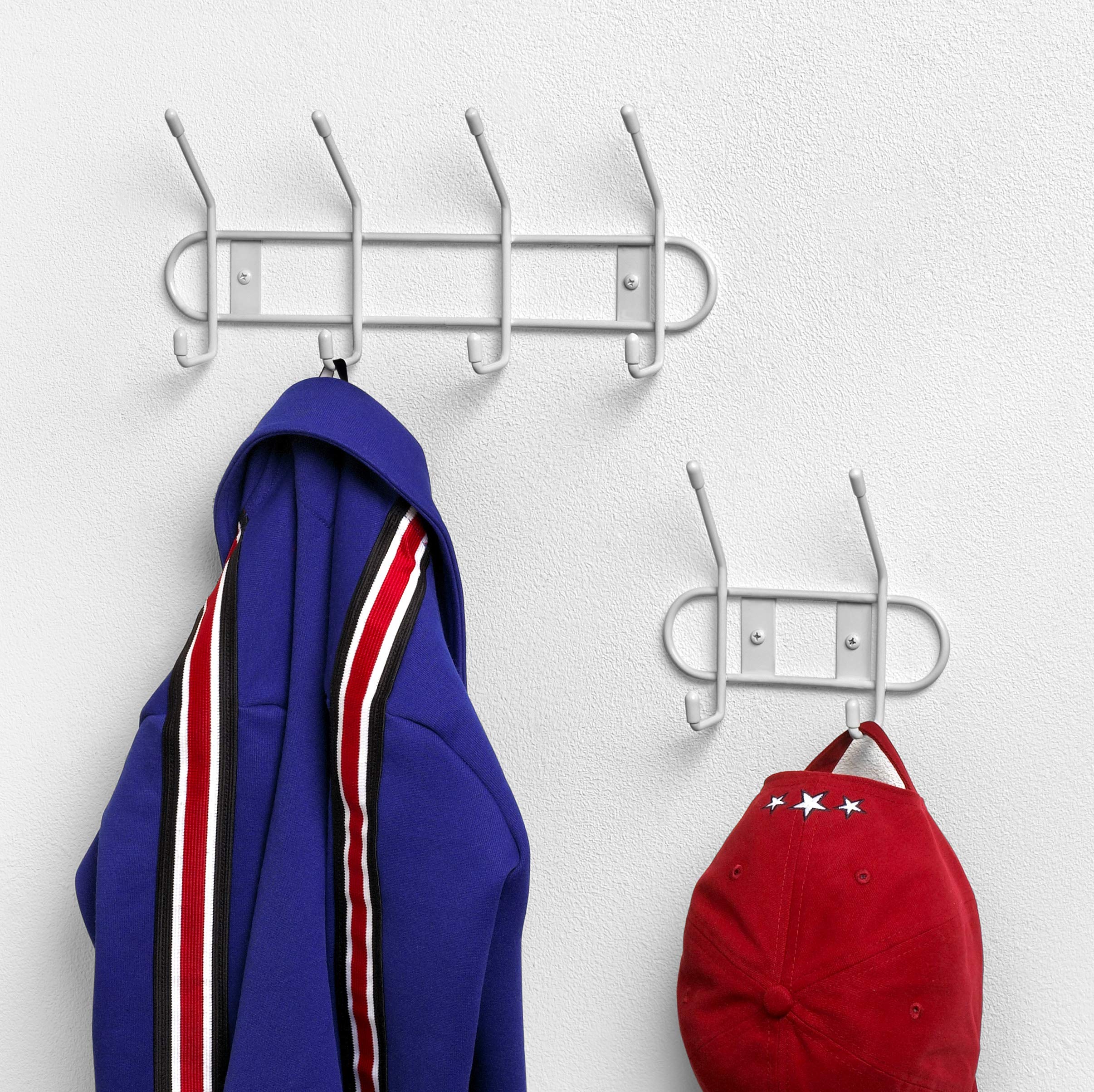Spectrum Diversified 4 Mounted Double Hook, Sturdy Steel Wall Storage, Coat Rack with Rubberized Ends, Closet & Garage Organization, White