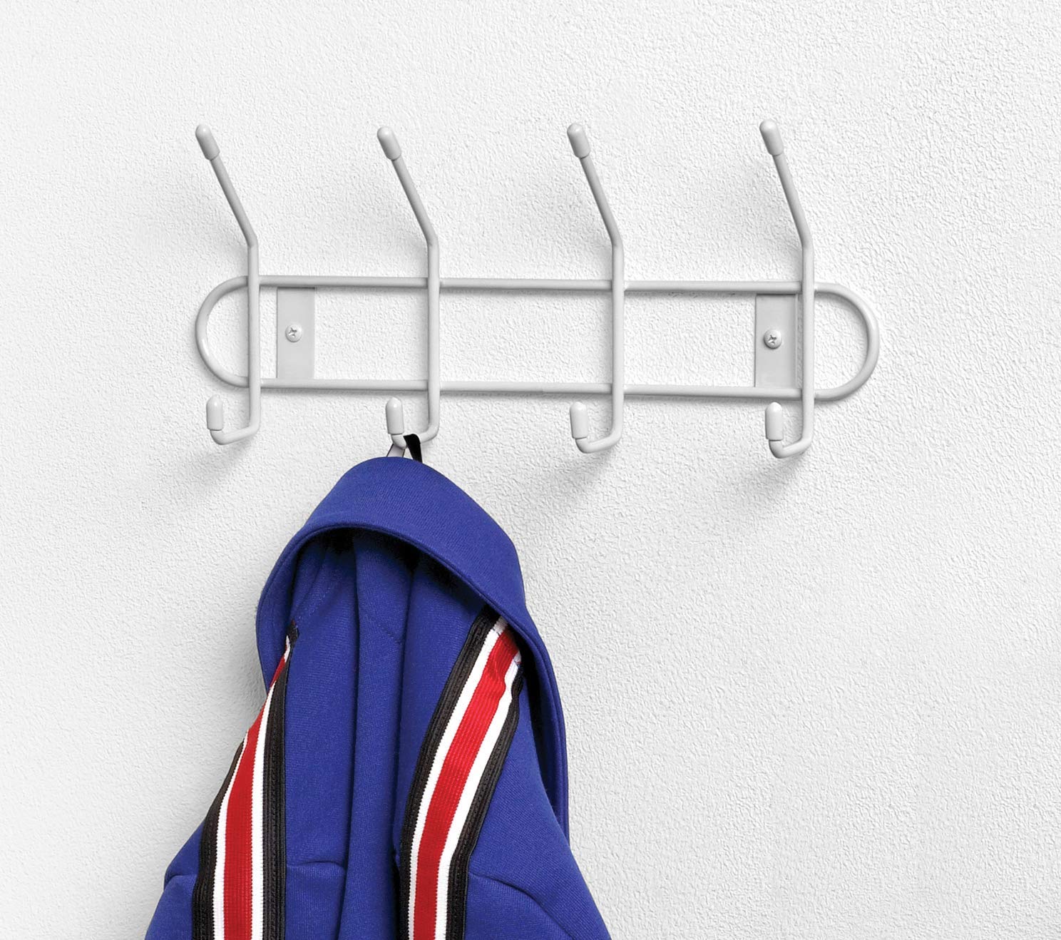 Spectrum Diversified 4 Mounted Double Hook, Sturdy Steel Wall Storage, Coat Rack with Rubberized Ends, Closet & Garage Organization, White
