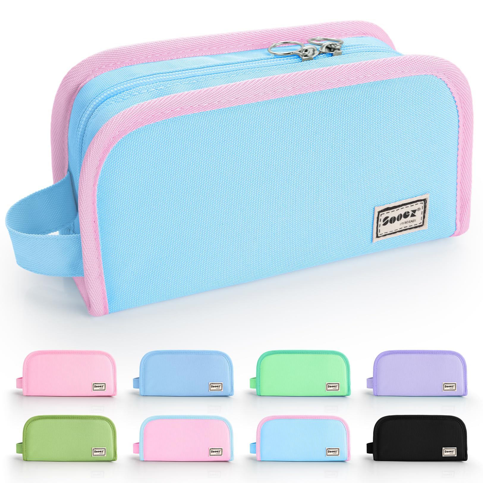 Sooez Wide Opening Pencil Pen Case,Large Capacity Zipper Pouch,Aesthetic Bag School Supplies,Compact Stationery Organizer Marker Pouch Makeup Girls Adult School,Blue & Pink Edge(SZA0314-0002A)