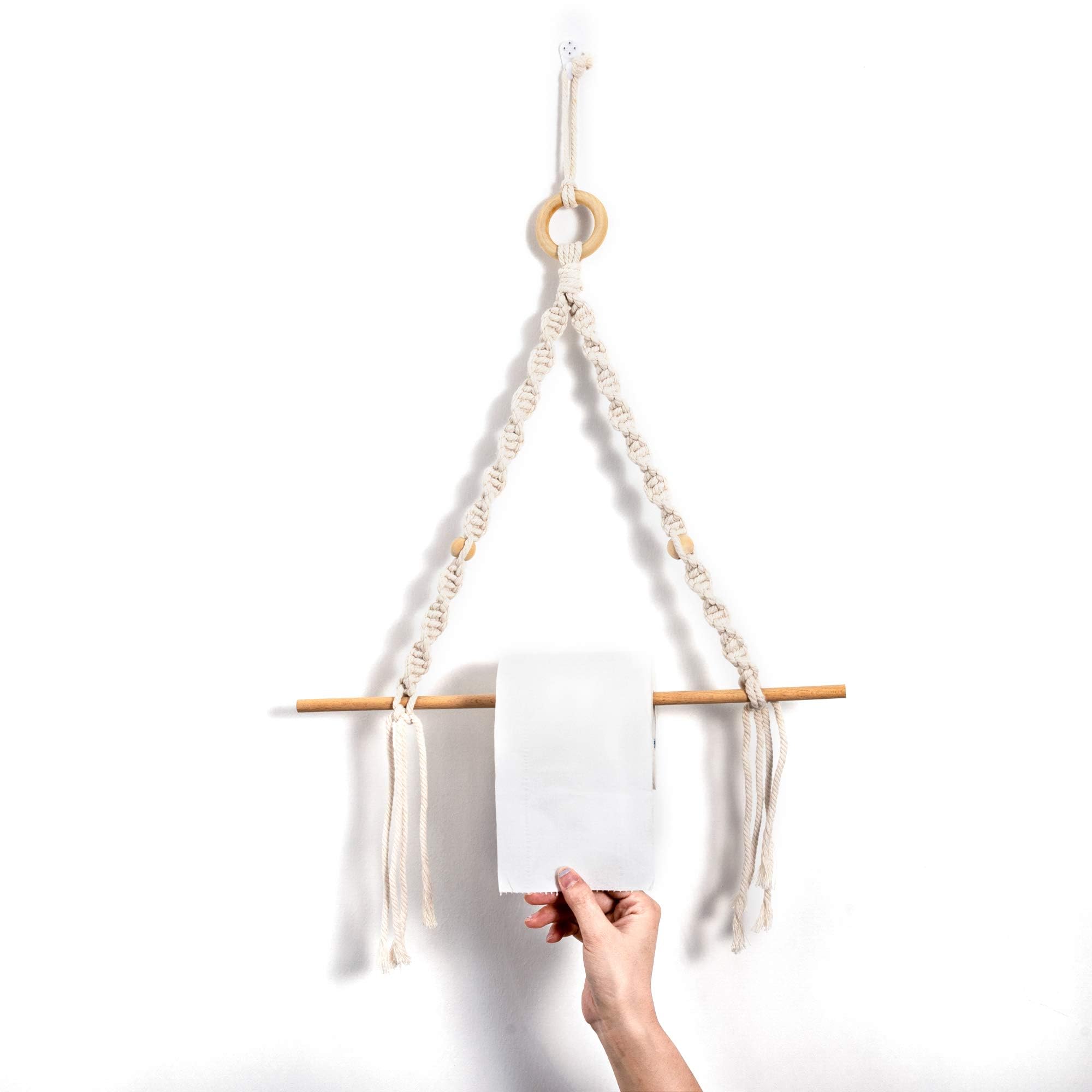 Eiyye Handmade Paper Towel Holder Boho Paper Towel Holder Cotton Rope Macrame Toilet Paper Holder Towel Rack for Bathroom Kitchen