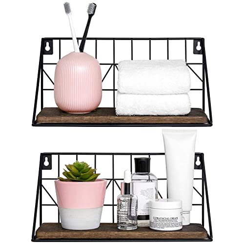 Mkono 5 Pack Set Wall Hanging Shelves 3 Pac Wood and Rope Shelves and 2 Pack Small Floating Shelves with Metal Basket Frame Home Decor Display Shelf for Bathroom, Bedroom, Living Room