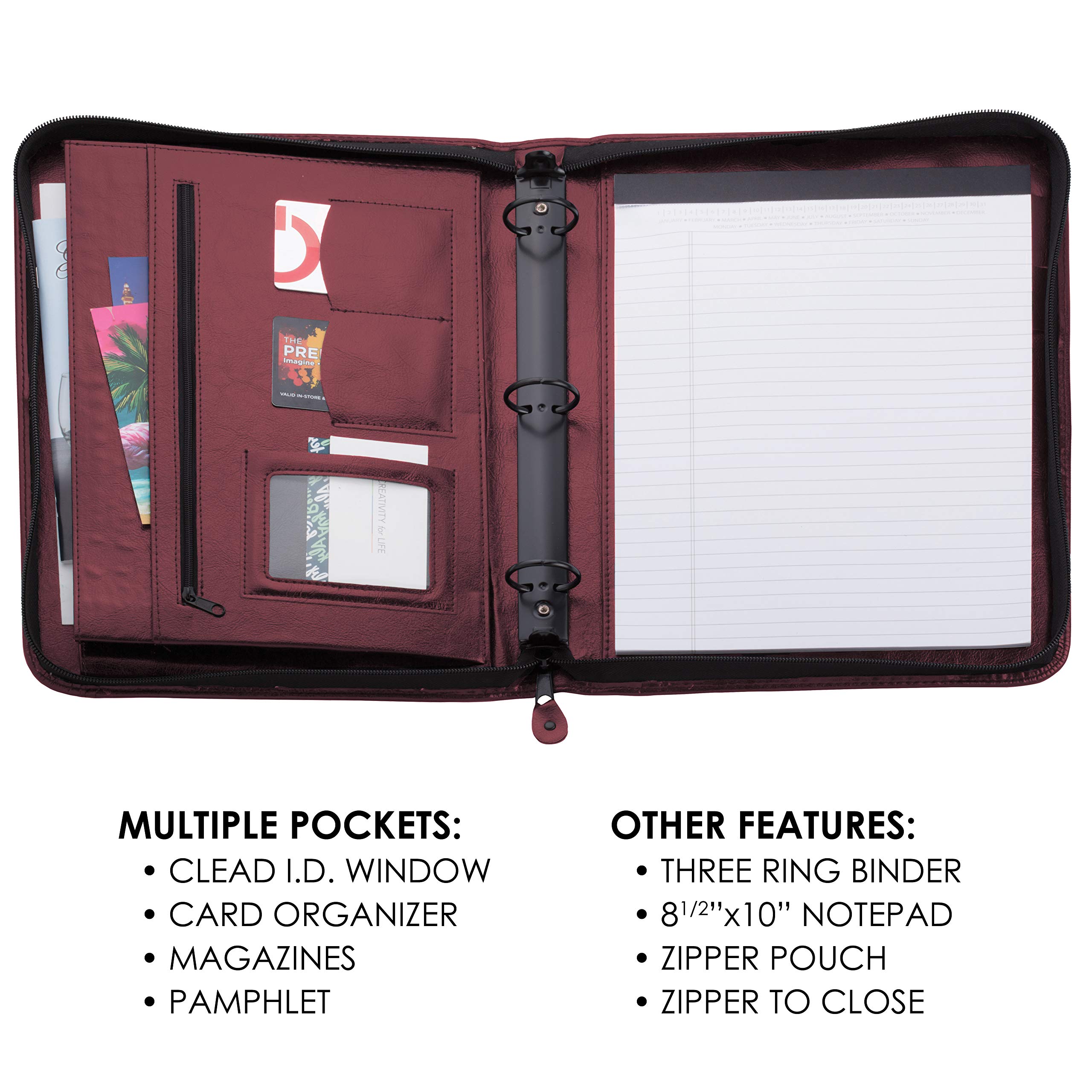 Travigo 3-Ring Zipper Business Leather Portfolio folder| 1.25" 3-Ring Binder Professional Business Folder Resume Document Organizer|Exterior Pocket | Guesseted File Pocket|8-1-2" Writing Pad(Burgundy)