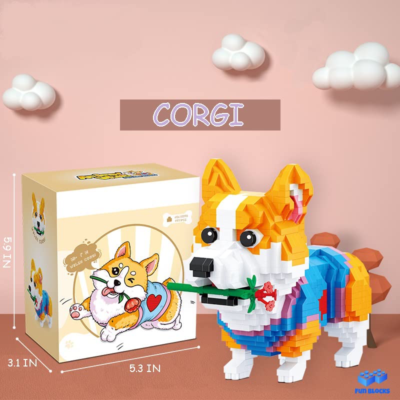 FunBlocks Mini Building Blocks Animal Set, DIY Micro 3D Building Toy Bricks (Corgi 997pcs)
