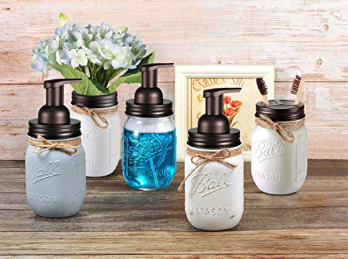 Mason Jar Bathroom Set(3 Piece)-Foaming Soap Dispenser, Toothbrush Holder ,Flower Vase,for Wedding House Decor Countertop and Vanity Organizer Bathroom Kitchen Farmhouse Décor (Bronze)