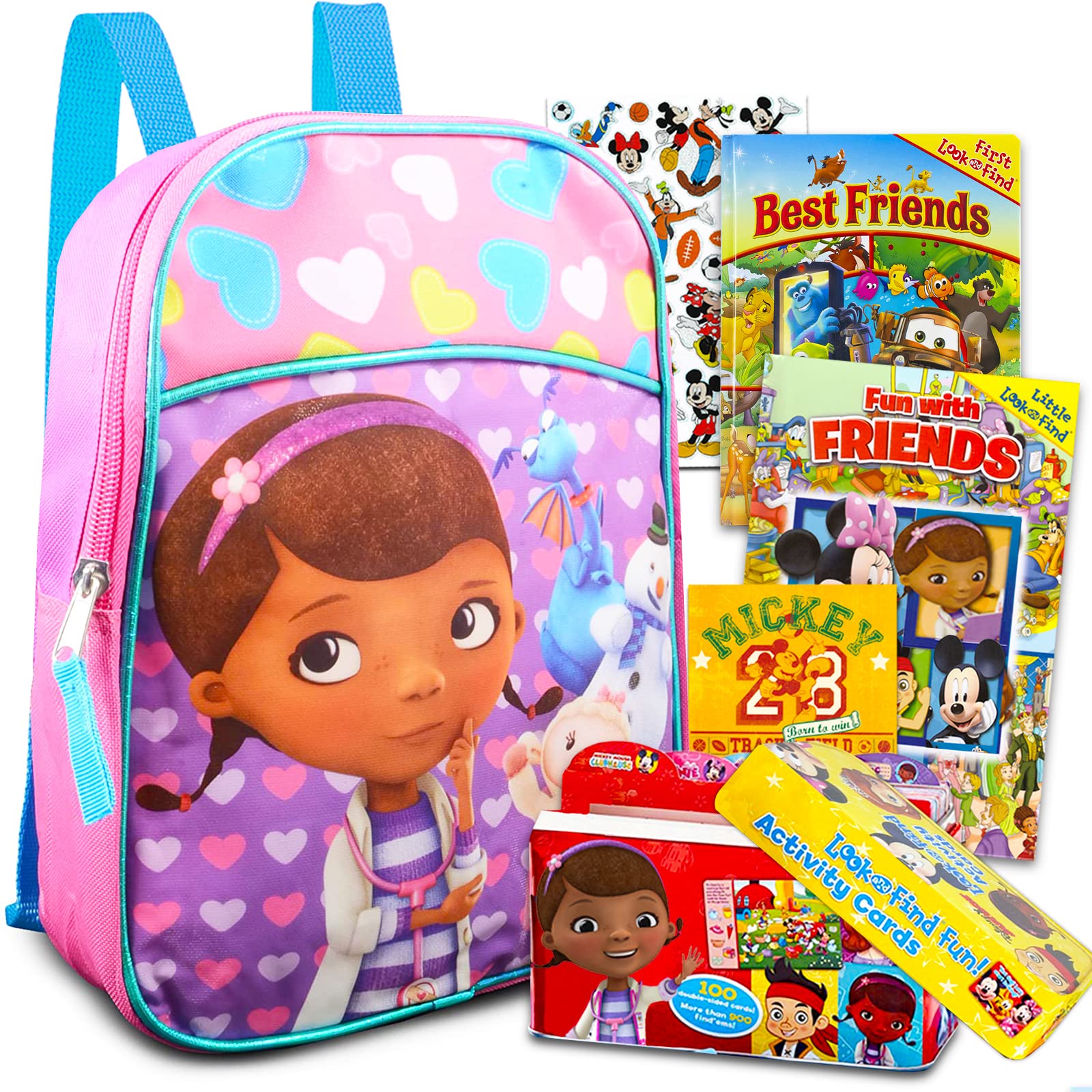 Doc McStuffins Mini Backpack - Bundle with 11 Inch Doc McStuffins Backpack, Disney Look and Find Activity Cards Tin Lunch Box with 2 Disney Hidden Pictures Board Booklets