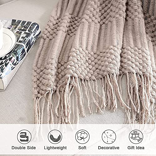lifein Tan Throw Blanket for Couch-Soft Knitted Farmhouse Boho Throws,Cozy Knit Small Lightweight Blankets&Throws with Tassels for Bed,Chair,Sofa,Room,Home Decor,Spring (Light Khaki/Tan,50 * 60in)