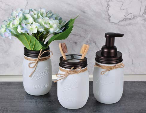 Mason Jar Bathroom Set(3 Piece)-Foaming Soap Dispenser, Toothbrush Holder ,Flower Vase,for Wedding House Decor Countertop and Vanity Organizer Bathroom Kitchen Farmhouse Décor (Bronze)