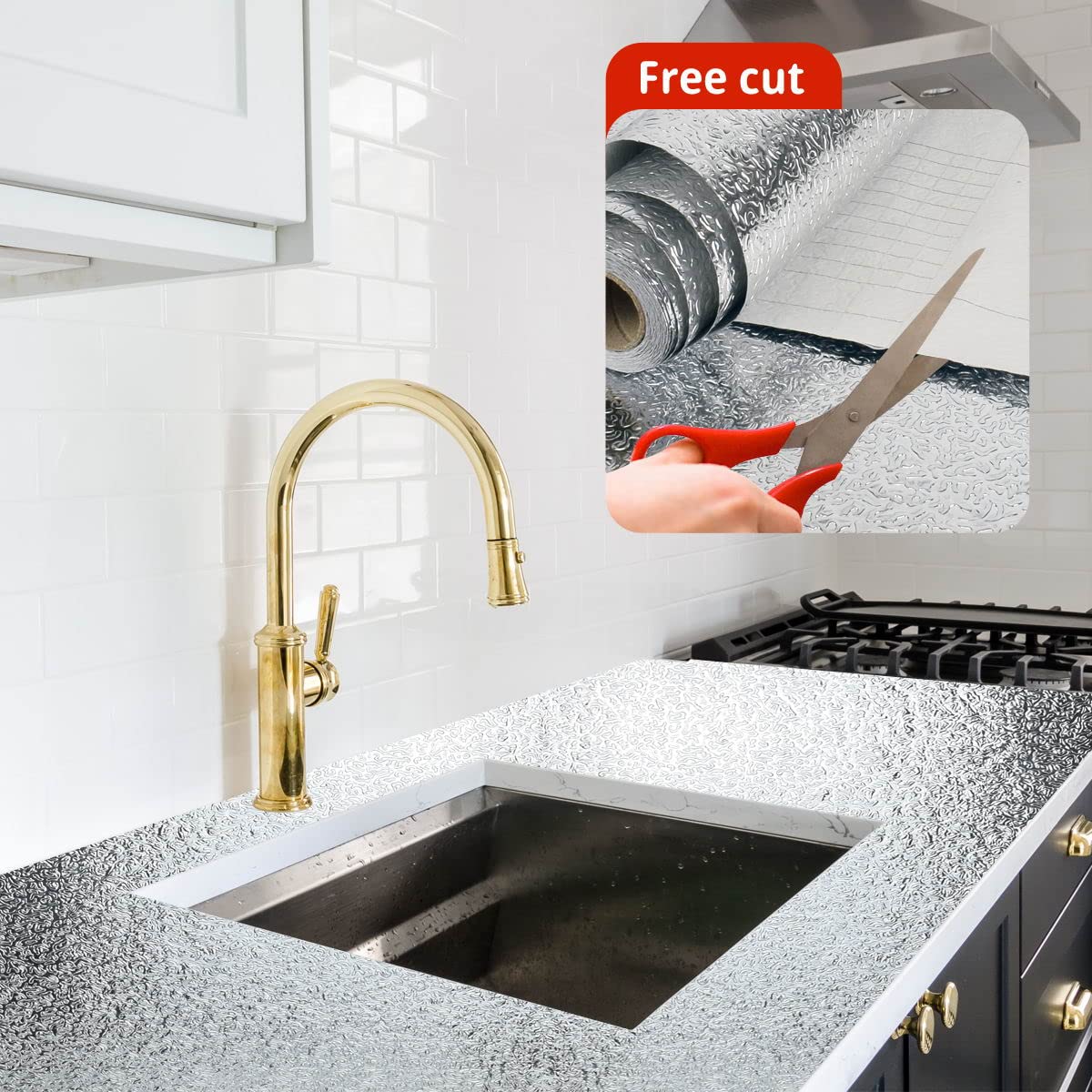 HengDu Kitchen Oil Proof Waterproof Sticker Self-Adhesive Backsplash Stickers 15.7X197 in (0.4*5M), Silver Color Aluminum Foil Oil Resistant, Stain Resistant, Heat Resistant, (Silver Orange Texture)