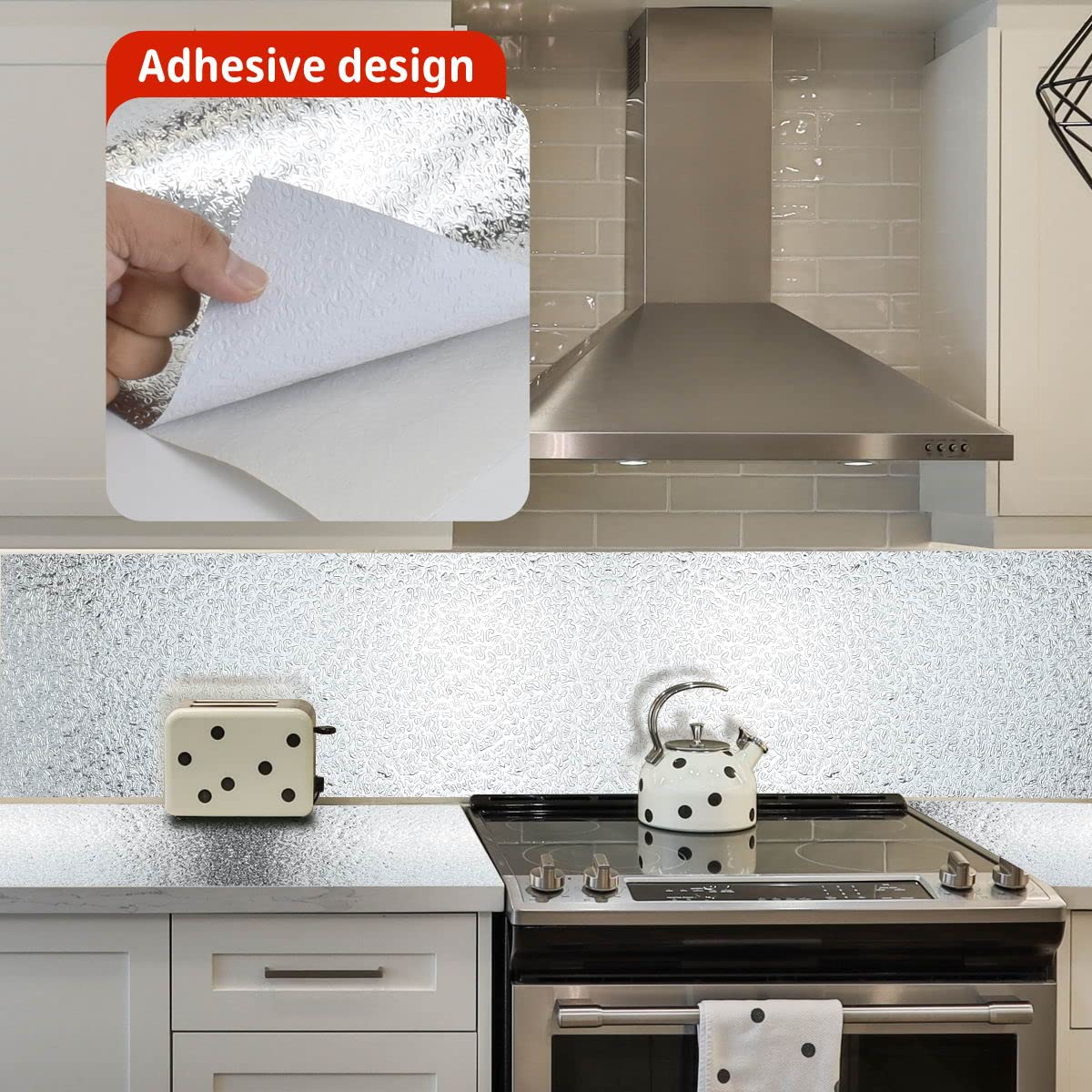 HengDu Kitchen Oil Proof Waterproof Sticker Self-Adhesive Backsplash Stickers 15.7X197 in (0.4*5M), Silver Color Aluminum Foil Oil Resistant, Stain Resistant, Heat Resistant, (Silver Orange Texture)