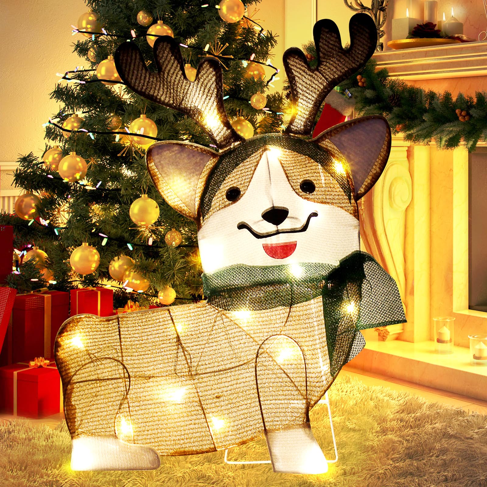 DROFELY 27”Christmas Corgi Lighted up Decoration for Indoor Display with LED Lights, Lighted 2D Christmas Dog with 20 Warm White Lights Decorative Christmas Tree,Home Xmas Holiday Addition AZ23GF-10