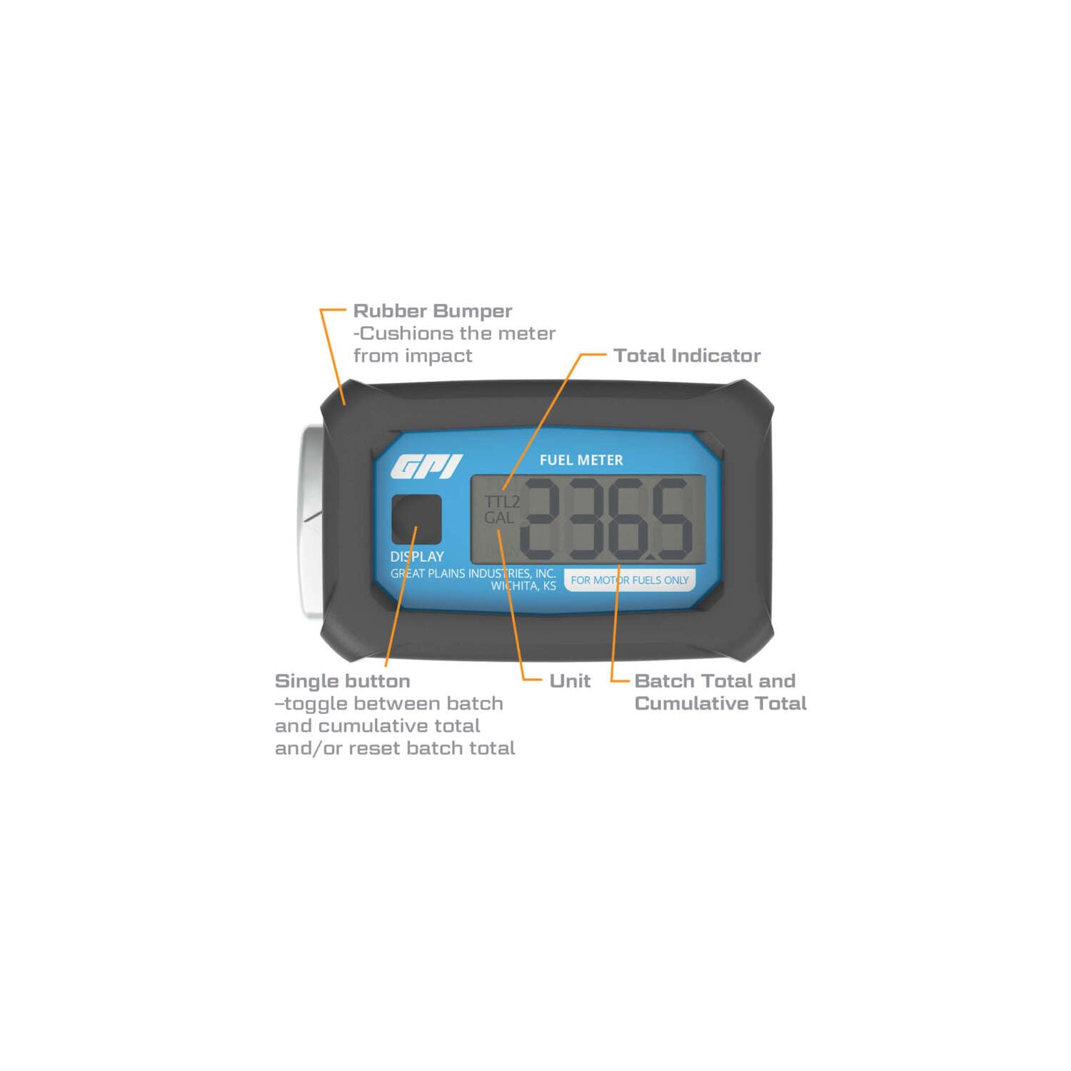 GPI 113255-1, 01A31GM Aluminum Turbine Fuel Flowmeter with Digital LCD Display, 3-30 GPM, 1-Inch FNPT Inlet/Outlet, 0.75-Inch Reducer Bushings, ±5% Accuracy