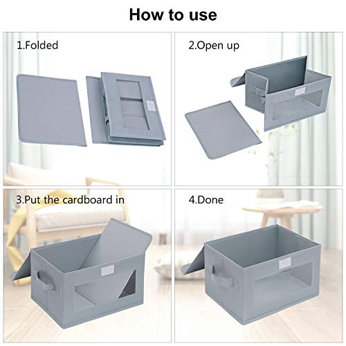 DIMJ Storage Bins with Lids, 4 Pack Fabric Storage Baskets with Handle, Collapsible Closet Organizer Bins Storage Box with Window for Clothes, Toys, Books, Closet, Shelves, Kids Room, Office