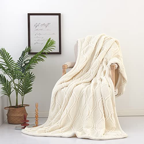 Longhui bedding Ivory White Chenille Cable Knit Sherpa Throw Blanket β Thick, Soft, Big, Cozy Ivory White Knitted Fleece Blankets for Couch, Sofa, Bed β Large 60 x 80 Inches Coverlet All Season