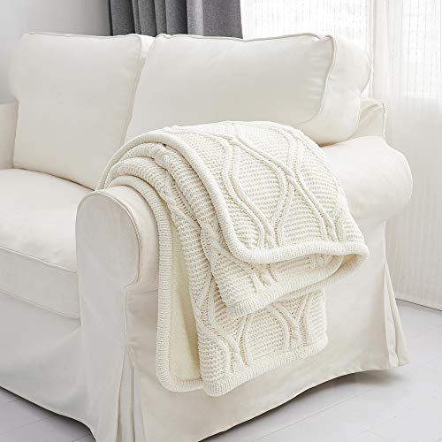 Longhui bedding Ivory White Chenille Cable Knit Sherpa Throw Blanket β Thick, Soft, Big, Cozy Ivory White Knitted Fleece Blankets for Couch, Sofa, Bed β Large 60 x 80 Inches Coverlet All Season