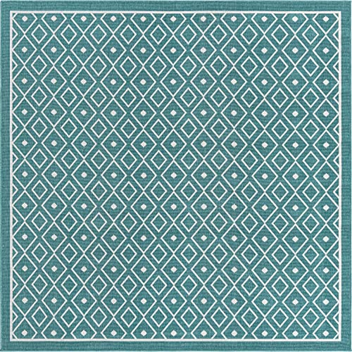 Unique Loom Outdoor Trellis Collection Area Rug Geometric Diamonds Flatweave Design, Tribal Inspired for Indoor/Outdoor Décor (7' 10 x 7' 10 Square, Teal)