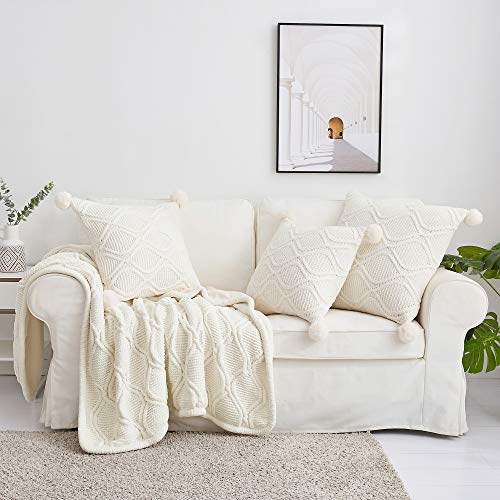 Longhui bedding Ivory White Chenille Cable Knit Sherpa Throw Blanket β Thick, Soft, Big, Cozy Ivory White Knitted Fleece Blankets for Couch, Sofa, Bed β Large 60 x 80 Inches Coverlet All Season