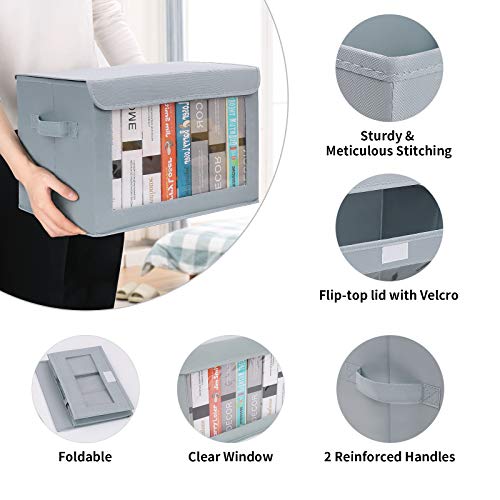 DIMJ Storage Bins with Lids, 4 Pack Fabric Storage Baskets with Handle, Collapsible Closet Organizer Bins Storage Box with Window for Clothes, Toys, Books, Closet, Shelves, Kids Room, Office