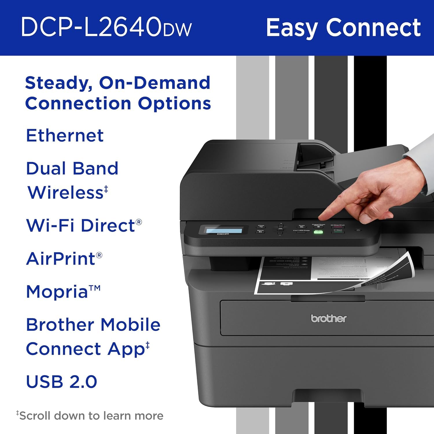 Brother DCP-L25 Series Monochrome All-in-One Laser Printer for Home Office, Print, Scan, Copy, Wireless, 36 ppm, 2400 x 600 dpi, Automatic Duplex Printing, with MTC Printer Cable