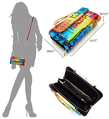 Multicolor Graffiti Printed Cell Phone Purse Wallet Smartphone Crossbody Wallet Travel Multifunction Phone Case Wristlet (#D-Multi2(GN/PK))