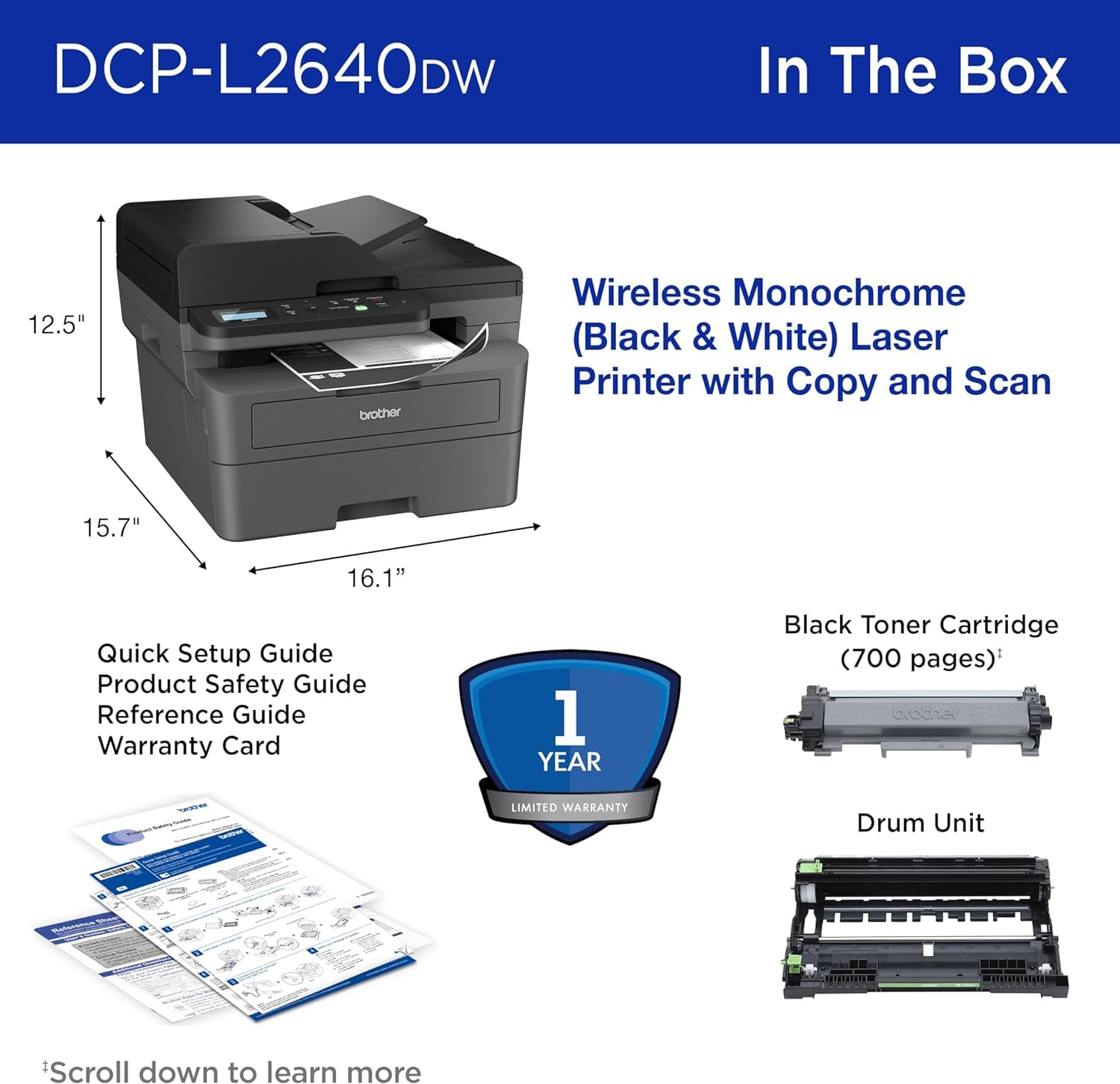 Brother DCP-L25 Series Monochrome All-in-One Laser Printer for Home Office, Print, Scan, Copy, Wireless, 36 ppm, 2400 x 600 dpi, Automatic Duplex Printing, with MTC Printer Cable