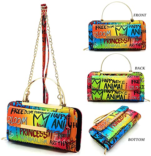 Multicolor Graffiti Printed Cell Phone Purse Wallet Smartphone Crossbody Wallet Travel Multifunction Phone Case Wristlet (#D-Multi2(GN/PK))