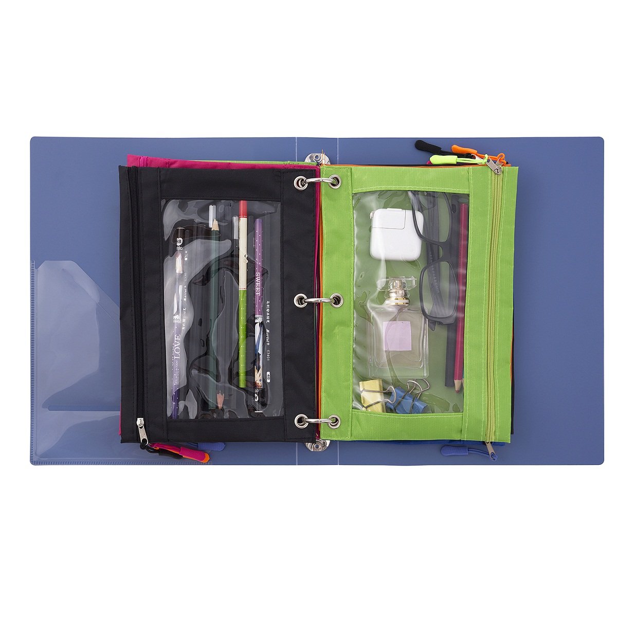 Binder Pencil Pouch with Zipper Pulls, Pencil Case with Rivet Enforced 3 Ring, Multicolored 5 Pack