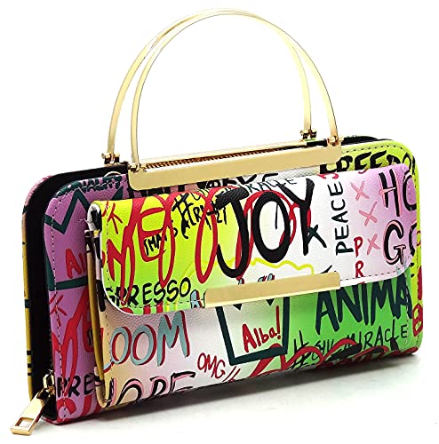 Multicolor Graffiti Printed Cell Phone Purse Wallet Smartphone Crossbody Wallet Travel Multifunction Phone Case Wristlet (#D-Multi2(GN/PK))