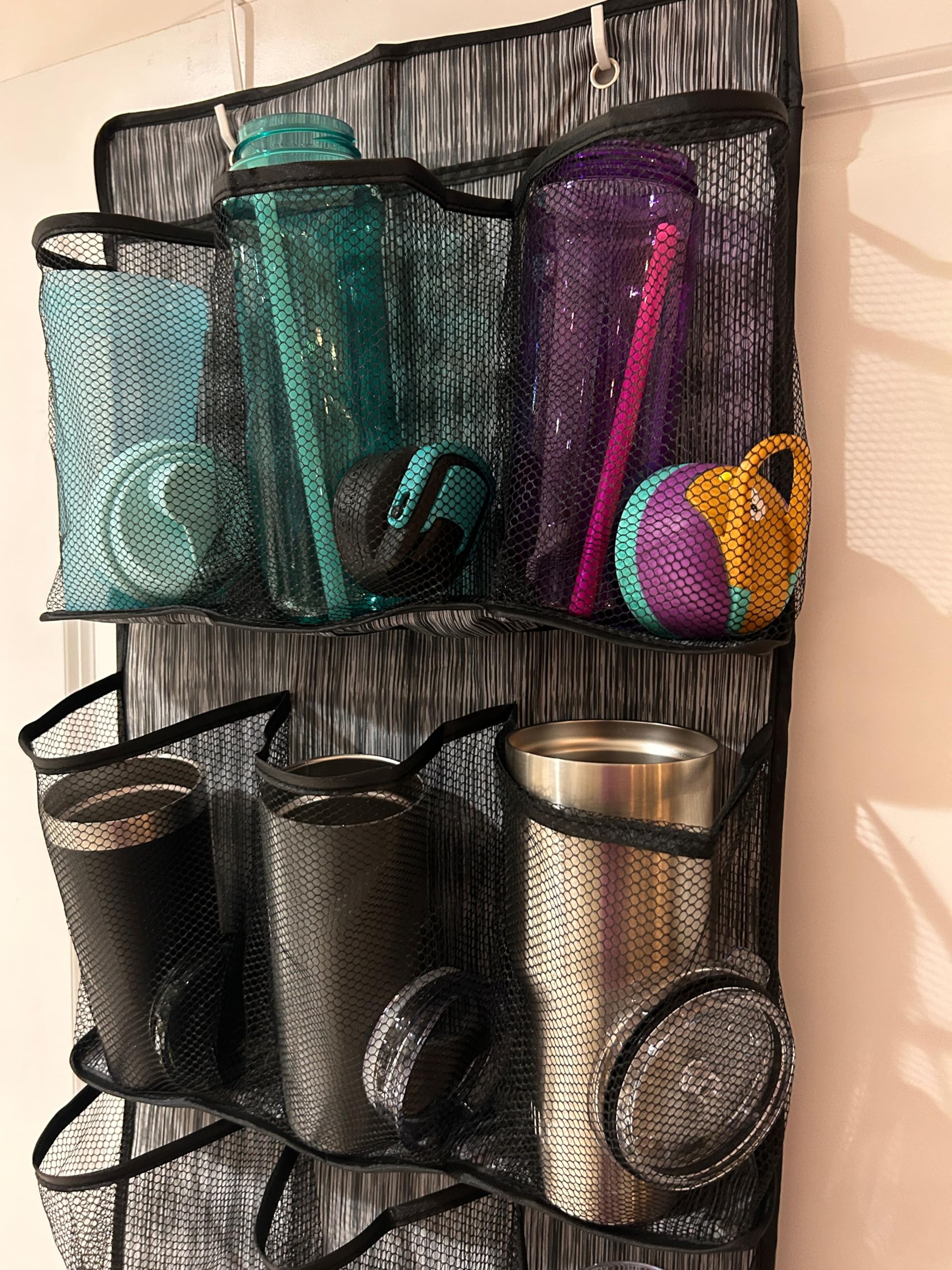 Jokari Tumbler and Bottle Storage Organizer Door Rack Holds Large Water and Drinking Containers with a Unique Over the Door Shelf System with Mesh Net Sleeves that Hangs Perfect in a Kitchen Pantry