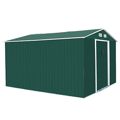 NBTiger 9.1’ x 10.5’ Large Outdoor Storage Shed, Sturdy Utility Tool Lawn Mower Equipment Organizer for Backyard Garden w/Gable Roof, Lockable Sliding Door, Vents, Floor Frame - Green