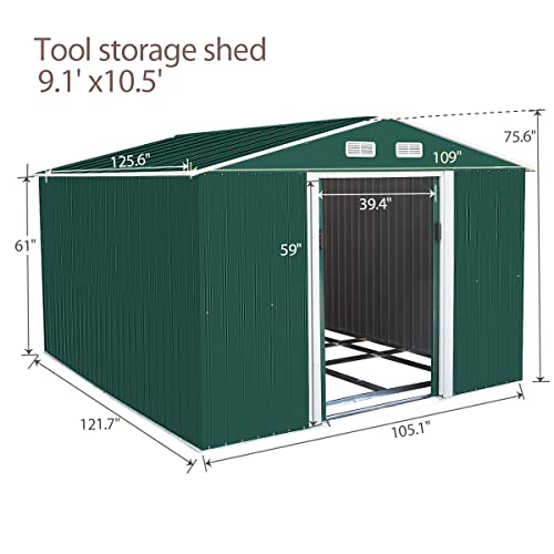 NBTiger 9.1’ x 10.5’ Large Outdoor Storage Shed, Sturdy Utility Tool Lawn Mower Equipment Organizer for Backyard Garden w/Gable Roof, Lockable Sliding Door, Vents, Floor Frame - Green