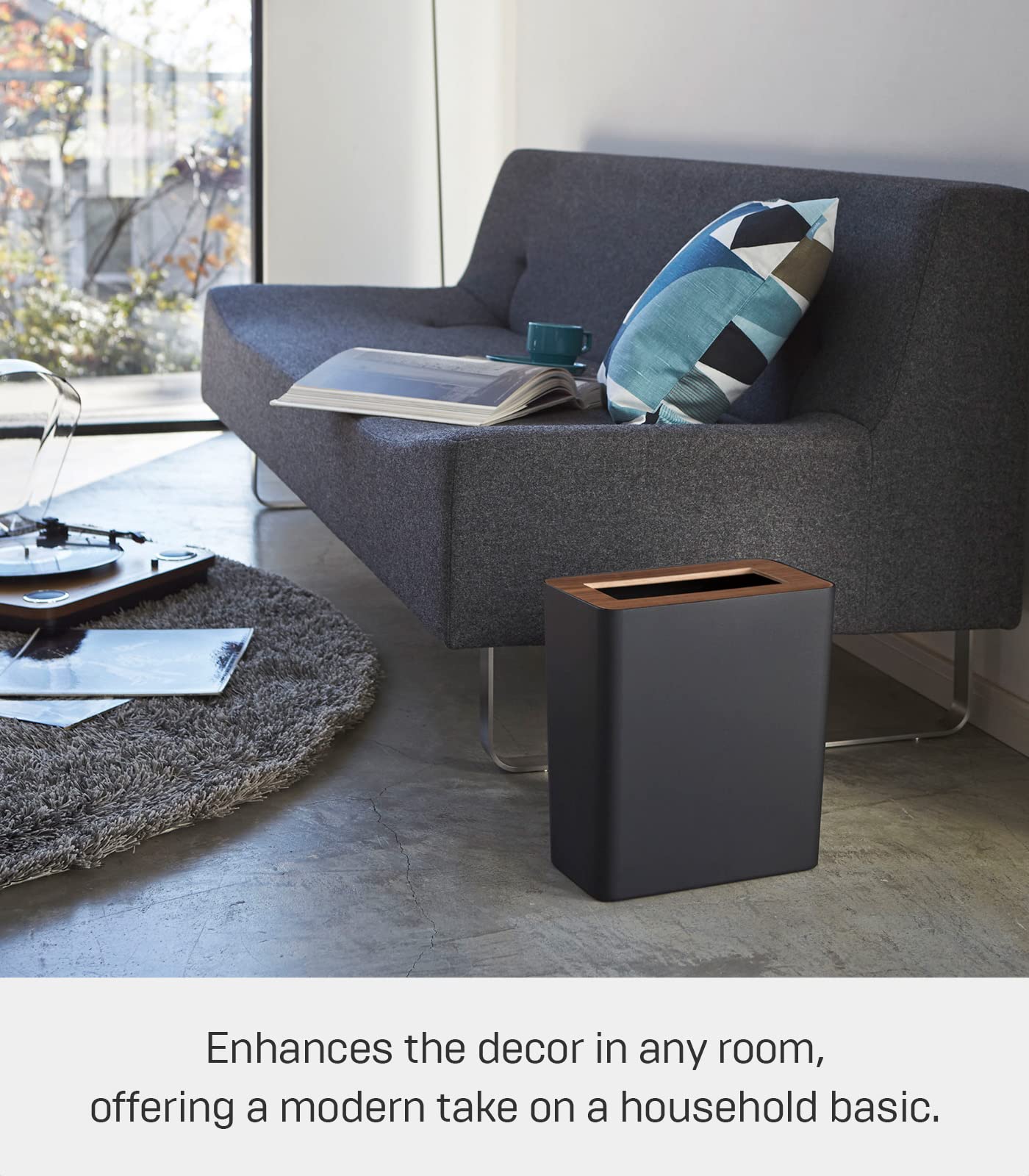 Yamazaki Home Slim Steel + Wood | Trash Can, One Size, Walnut