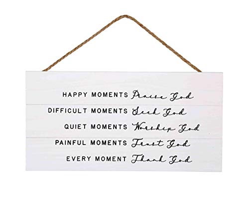 GSM Brands Happy Moments Praise God Wood Plank Hanging Sign for Home Decor (13.75 x 6.9 Inches with White Background)